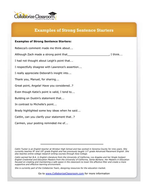 Examples Of Strong Sentence Starters Pdf