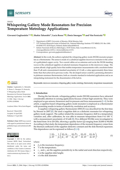 Pdf Whispering Gallery Mode Resonators For Precision Temperature Metrology Applications