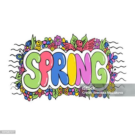 손으로 그려진 다채로운 단어 봄 낙서 나뭇잎과 꽃입니다 벡터 그림입니다 Eps 10 4월에 대한 스톡 벡터 아트 및 기타 이미지