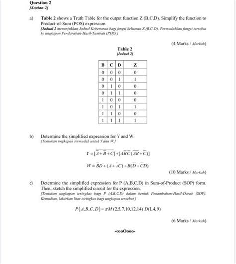 Solved Question 2 Soalan 21 A Table 2 Shows A Truth Table Chegg Com