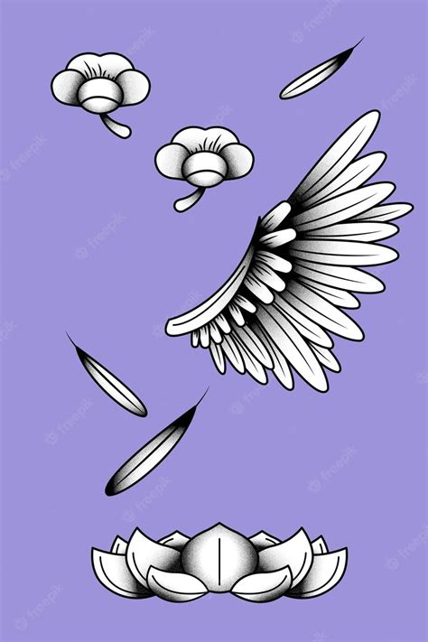 Free Vector Bird Wing And Flower Element Set On A Purple Background Vector