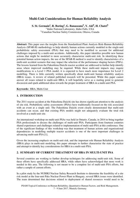 Pdf Multi Unit Considerations For Human Reliability Analysis