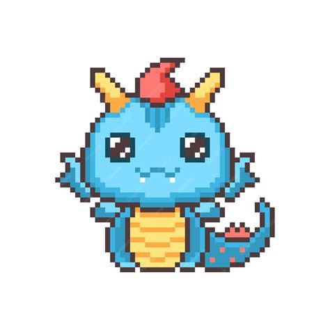 Premium Vector Cute Blue Pixel Dragons Kawaii Sea Funny Dinosaur With