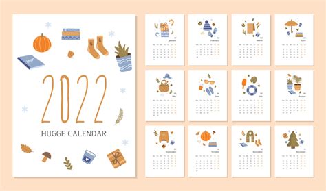Modelo De Calendário 2022 De Ilustração Hygge De Cor Suave Em Vetor
