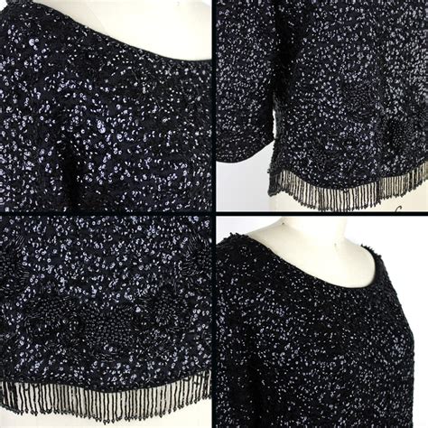 Black Beaded And Sequin Three Quarter Sleeve Top With Fringe Etsy