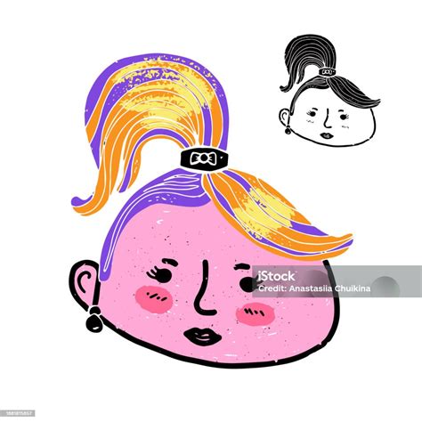 색의 머리를 가진 만화 낙서 소녀 양식화 벡터 요소 크레용 질감 공부에 대한 스톡 벡터 아트 및 기타 이미지 공부 구아슈