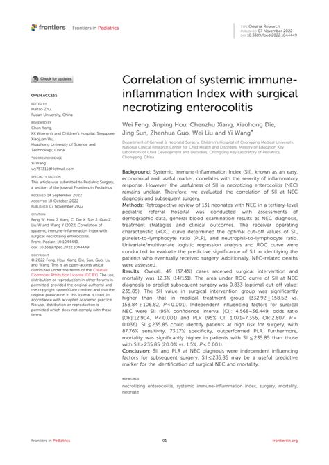 Pdf Correlation Of Systemic Immune Inflammation Index With Surgical Necrotizing Enterocolitis