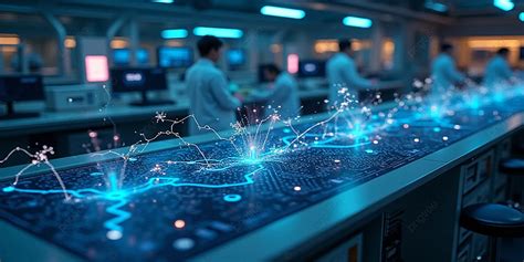 첨단 기술 테이블의 빛나는 동적 그래프 및 회로로 표시되는 데이터를 분석하는 흰색 코트의 과학자와의 미래 실험실 장면 미래의 실험실 장면 흰 코트의 과학자 데이터 분석