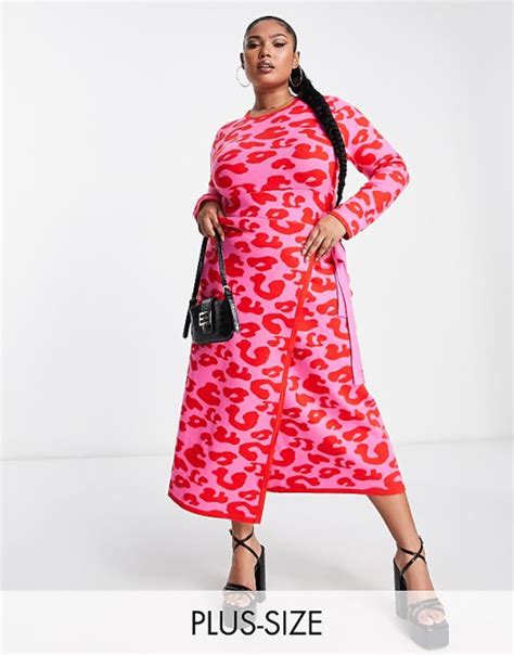 Never Fully Dressed Plus Leopard Knitted Wrap Midi Dress In Pink And