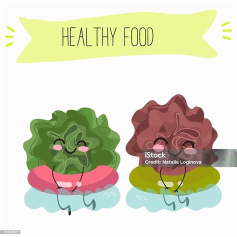 캐릭터 만화 녹색과 빨간색 Trocadero 양상추 Lactuca Sativa 벡터 일러스트 레이 션 재미 있는 채소 쾌활한 야채의 샐러드 가격표에 대한 스톡 벡터 아트 및