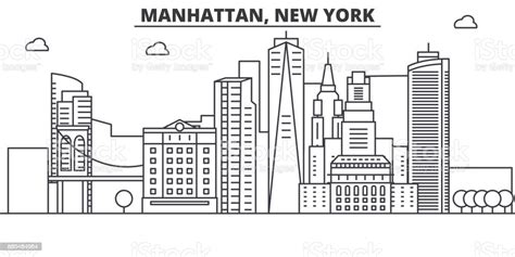 맨하탄 뉴욕 건축 선 스카이 라인 일러스트입니다 유명한 랜드마크 시티 명소와 선형 벡터 풍경 디자인 아이콘 편집 가능한 선 프리 맨해튼에 대한 스톡 벡터 아트 및 기타