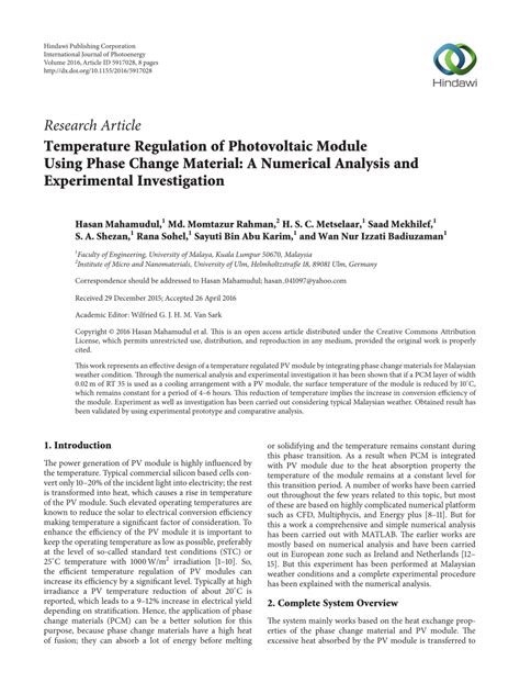 Pdf Temperature Regulation Of Photovoltaic Module Using Phase Change Material A Numerical