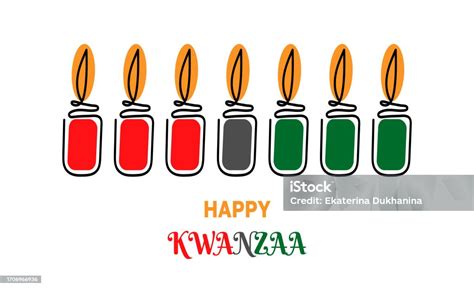 해피 콴자 전통적인 아프리카 색상의 7 개의 Mishumaa Sabaa 양초는 빨강 검정 녹색입니다 콴자 축제를 위한 촛불을 그리는 하나의 라인 아트 플랫 벡터 그림입니다