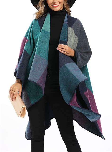 Womens Color Block Shawl Wrap Plus Size Cardigan Poncho Cape Open
