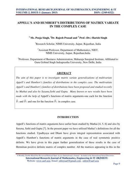 Pdf Appells And Humberts Distributions Of Matrix Variate In The