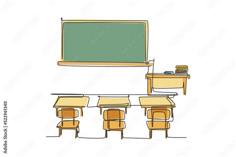Continuous One Line Drawing Interior Design At School Classroom With