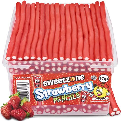 Sweetzone Strawberry Pencils Retro Sweets Tub Candy Sticks 100 Pcs
