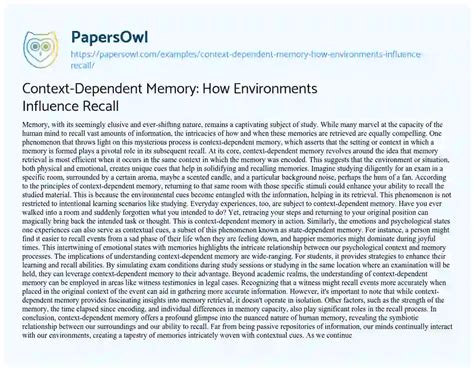 Context Dependent Memory How Environments Influence Recall Free Essay Example 548 Words