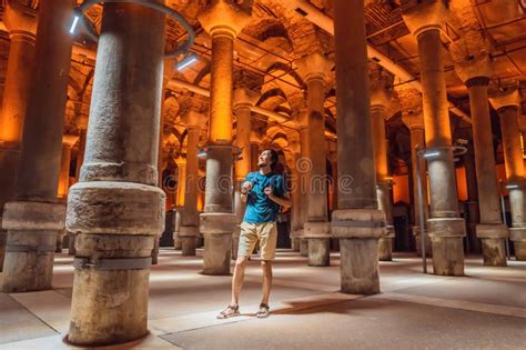 Man Tourist Enjoying Beautiful Cistern In Istanbul Cistern