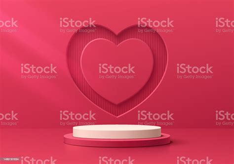 현실적인 빨간색과 흰색 실린더 받침대 연단 3d 배경에 창 심장이 벽에 있습니다 발렌타인 최소 장면 모형 제품 쇼케이스 프로모션