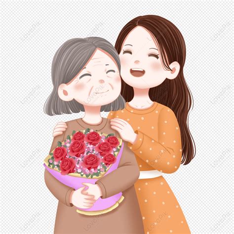 母親節女孩給媽媽送花卡通人物元素psd圖案素材免費下載，可愛卡通圖片，尺寸3000 × 3000px Lovepik