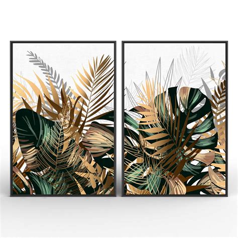 Kit 2 quadros retangulares Folhagem tropical verde e dourada Liê Decor