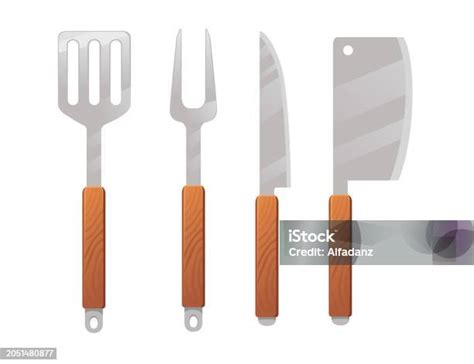 바베큐 도구 나무 손잡이 나이프 포크 주걱기구 벡터 일러스트 레이 션 흰색 배경에 고립 강철에 대한 스톡 벡터 아트 및 기타 이미지 강철 개체 그룹 굽기 Istock