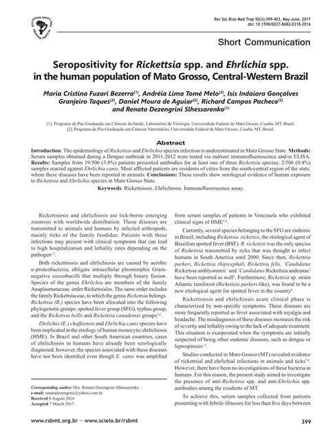 Pdf Seropositivity For Rickettsia Spp And Ehrlichia Spp In The