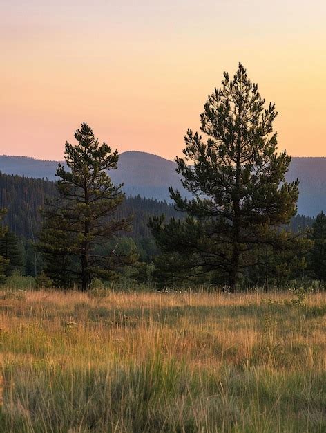 Tranquil Sunset Over Pine Forest Nature Landscape With Silhouetted