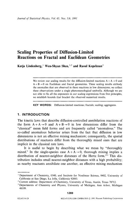 PDF Scaling Properties Of Diffusion Limited Reactions On Fractal And Euclidean Geometries