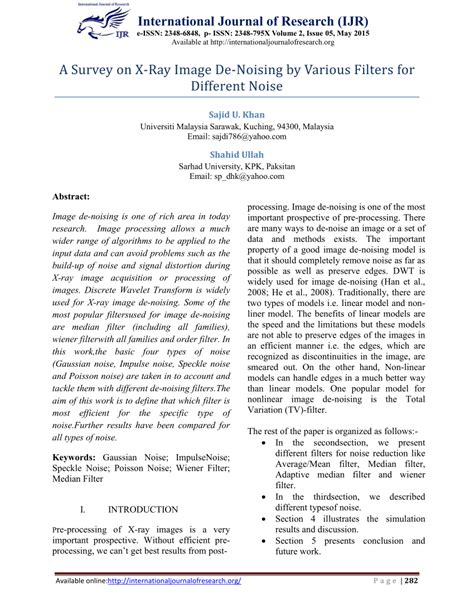 Pdf A Survey On X Ray Image De Noising By Various Filters For