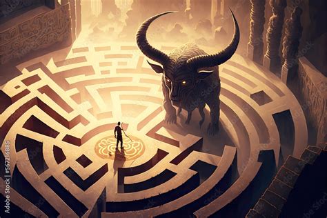 A Labyrinthine Maze Guarded By A Fearsome Minotaur With Treasure