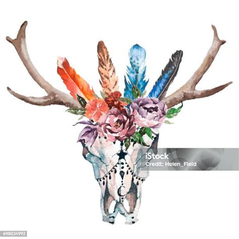 꽃과 흰색 바탕에 깃털 수채화 고립 된 황소의 머리 Boho 스타일입니다 해골 티셔츠 포장 벽지 섬유 포스터 카드 대 한 인쇄