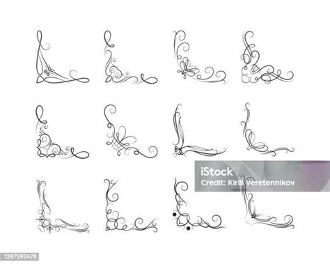 화려한 소용돌이 모서리의 손으로 그린 세트 선조 테두리 벡터 절연 모티프 장식 프레임 클래식 웨딩 초대 칸막이 벡터에 대한 스톡 벡터 아트 및 기타 이미지 Istock