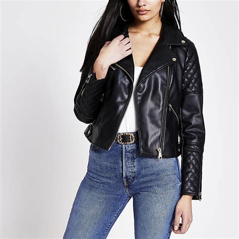 Black Faux Leather Quilted Biker Jacket River Island