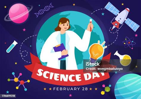 2 월 28 일 전국 과학의 날 벡터 일러스트 레이 션 관련 화학 액체 과학 의료 및 연구 평면 만화 배경 개발에 대한 스톡