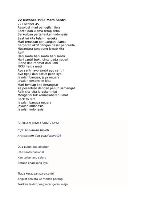 Lirik Hari Santri 22 Oktober 22 Oktober 1995 Mars Santri 22 Oktober 45 Resolusi Jihad