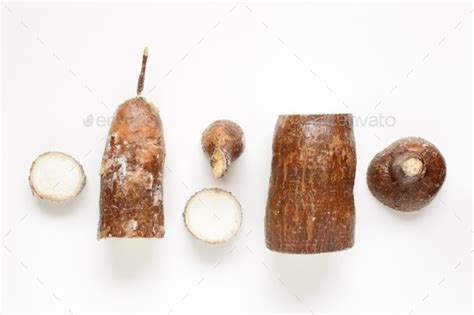 Yuca Cassava Root Sliced And Arranged On White Background Stock
