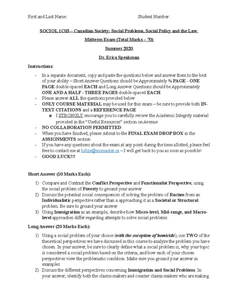 Midterm Exam First And Last Name Babe Number SOCIOL C Canadian Society Social