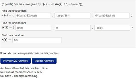 solved 6 points for the curve given by r t 6 sin t