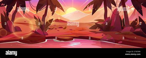 Sunset Or Sunrise In Desert Cartoon Panoramic Sandy Landscape With Dune Hills And Oasis Water