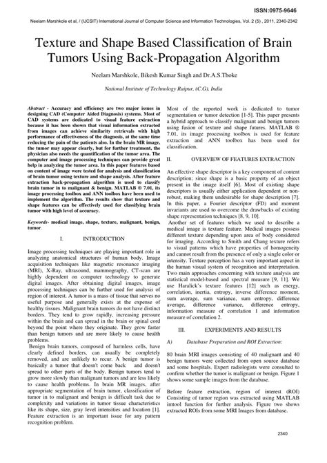 PDF Texture And Shape Based Classification Of Brain Tumors Using Back Propagation Algorithm