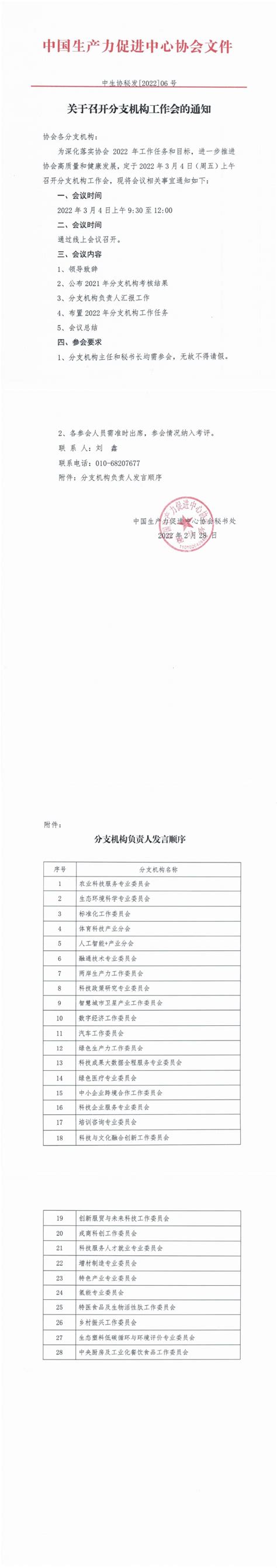 中国生产力促进中心协会关于召开分支机构工作会的通知