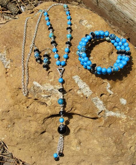 Long Rosary Necklace Bracelet Earring Set With Semi Precious Stones