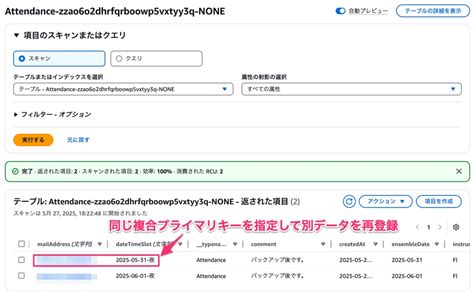 バックアップからリストアしたdynamodb テーブルに格納されているデータをaws Glueを用いて元のテーブルに複製する