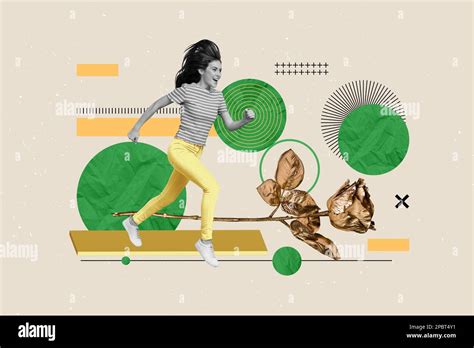 Collage Artwork Graphics Picture Of Excited Smiling Lady Running Gold