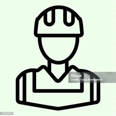 작업자 라인 아이콘입니다 재킷과 안전모 헬멧을 쓴 건설 남자는 흰색 바탕에 그림 모양을 윤곽을 그립니다 집 수리 및 리노베이션은