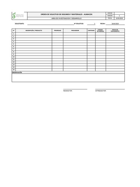 Formato De Orden De Solicitud De Insumos Para Almacen Pdf