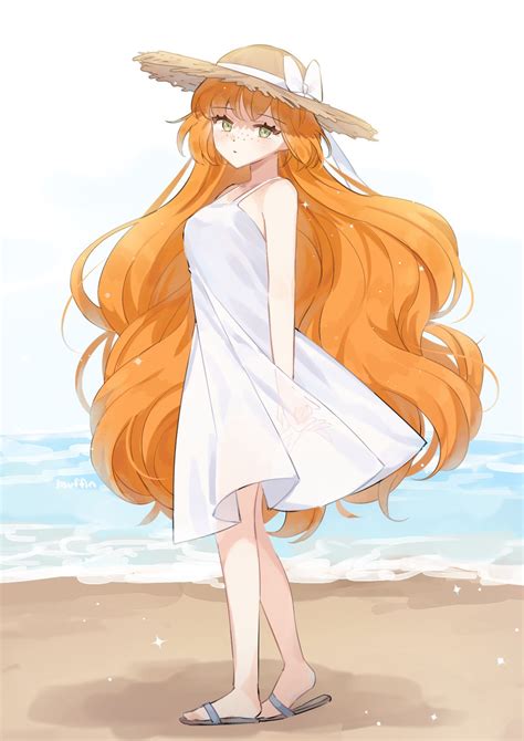 Safebooru 1girl Beach Bow Closed Mouth Dress Freckles Full Body Green Eyes Hat Hat Bow Highres