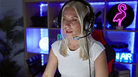 Serious Blonde Gamer Girl In Night Session Internet Streaming In The